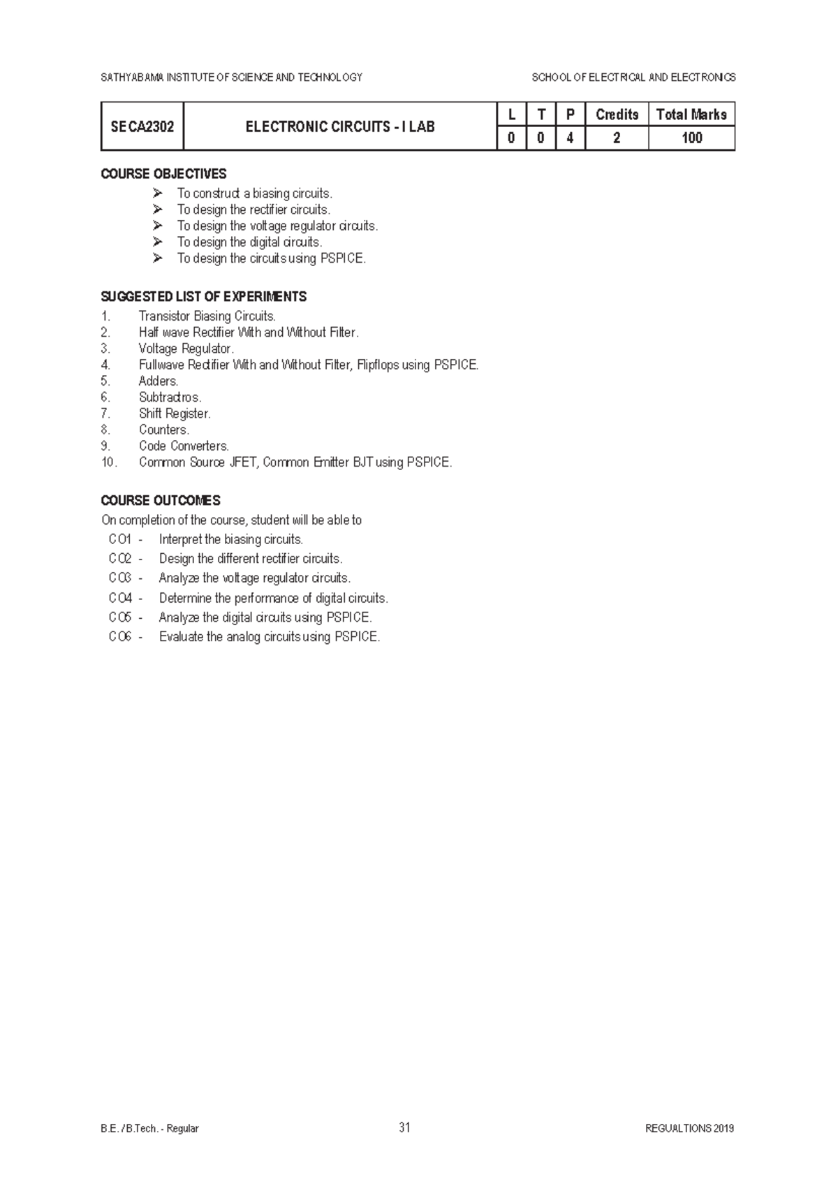 SECA2302- Electronic Circuits I LAB Syllabus - SATHYABAMA INSTITUTE OF ...