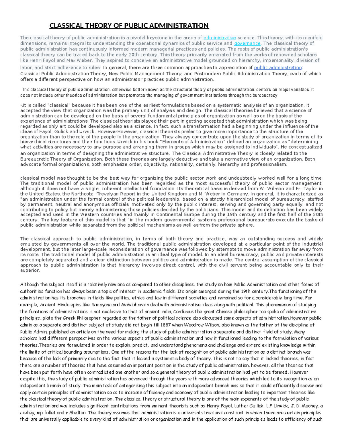 ×××× - ....... - CLASSICAL THEORY OF PUBLIC ADMINISTRATION The ...