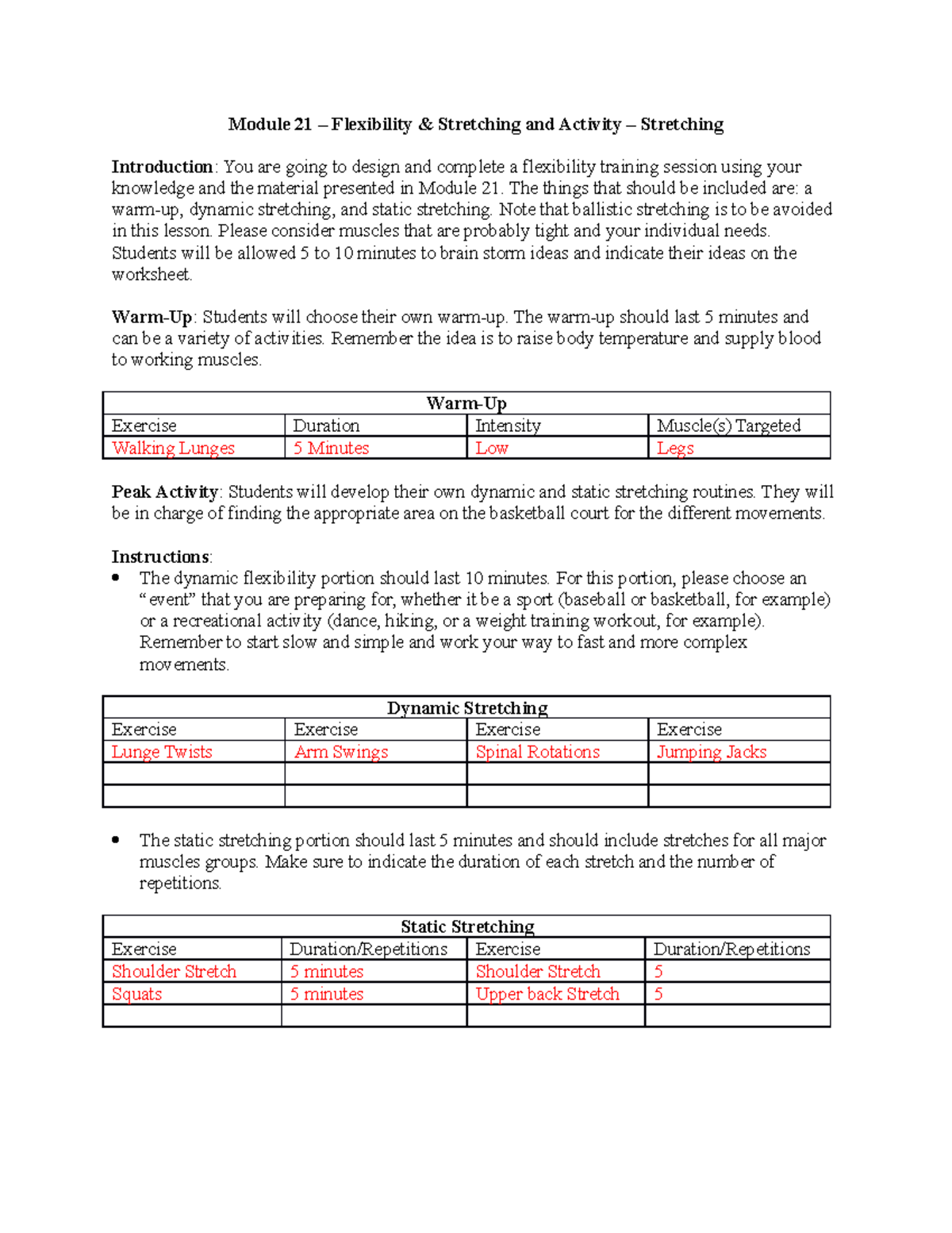 Stretching Activity Worksheet - Module 21 – Flexibility & Stretching ...