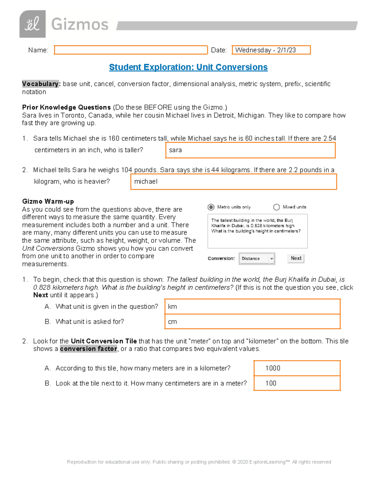 Unit Conversion Gizmo - Yup - Name: Date: Wednesday - 2/1/ Student ...