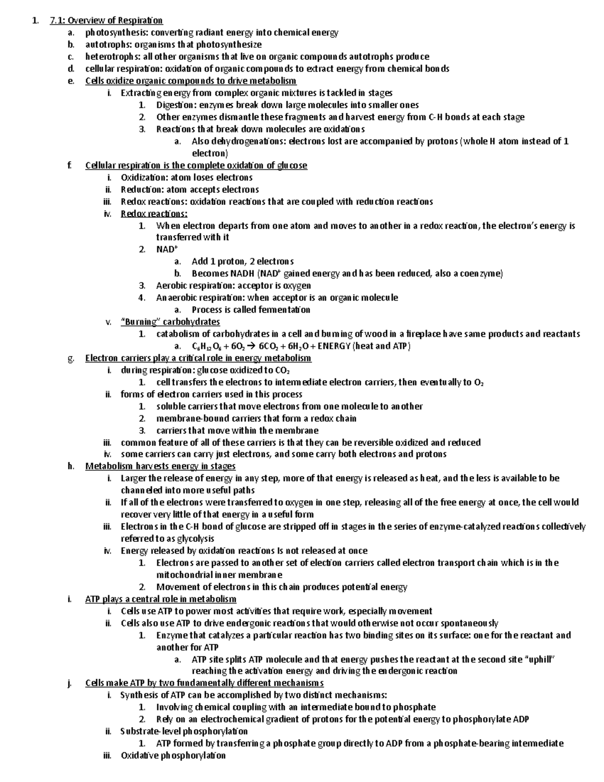 Respiration 1 Notes - 1. 7: Overview of Respiration a. photosynthesis ...