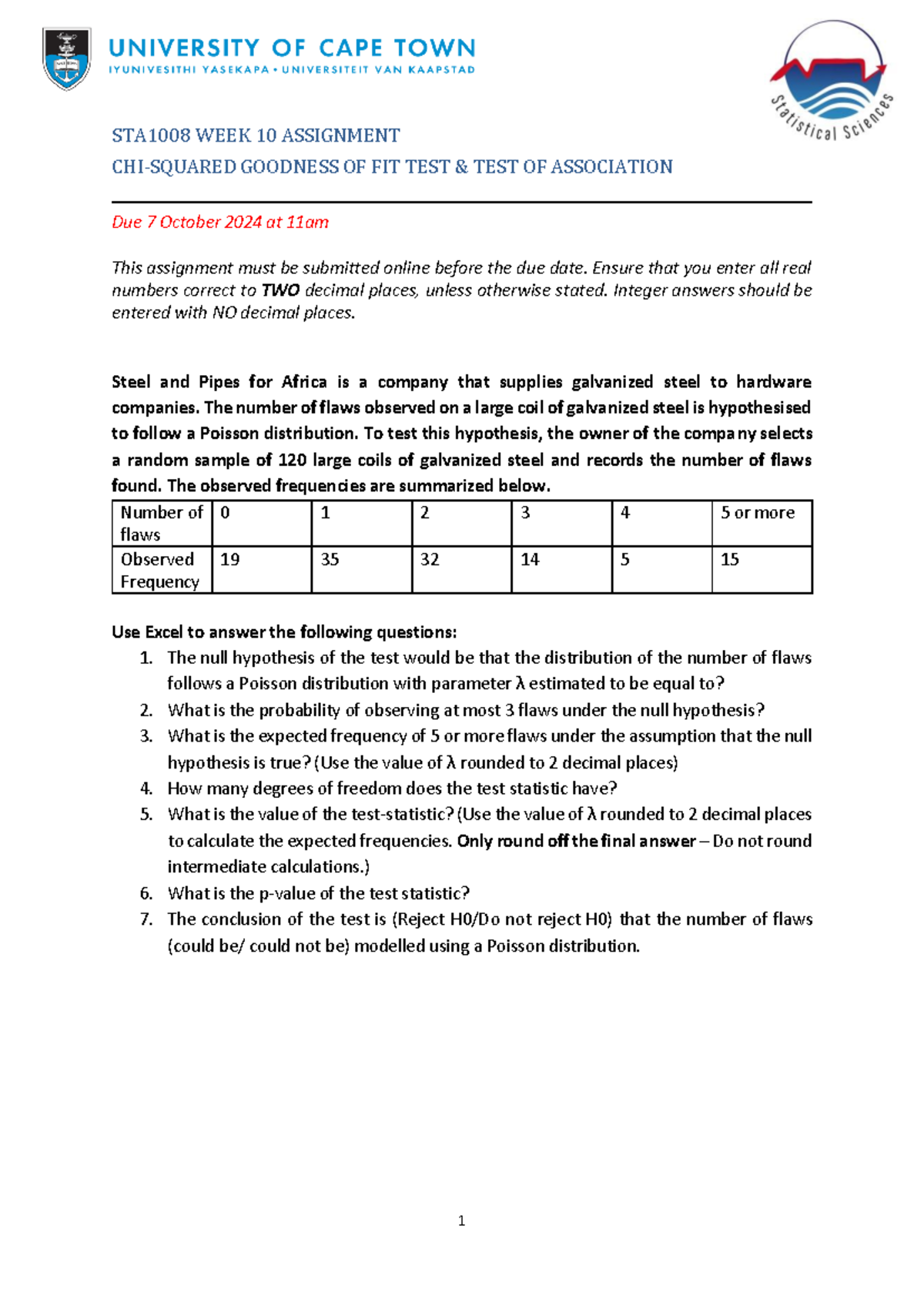 Assignment Week 10 STA1008 2024 - 1 STA100 8 WEEK 10 ASSIGNMENT CHI ...