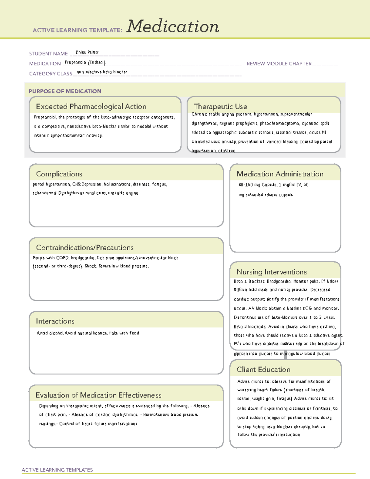 Propanolol - Medication Card - ACTIVE LEARNING TEMPLATES Medication ...