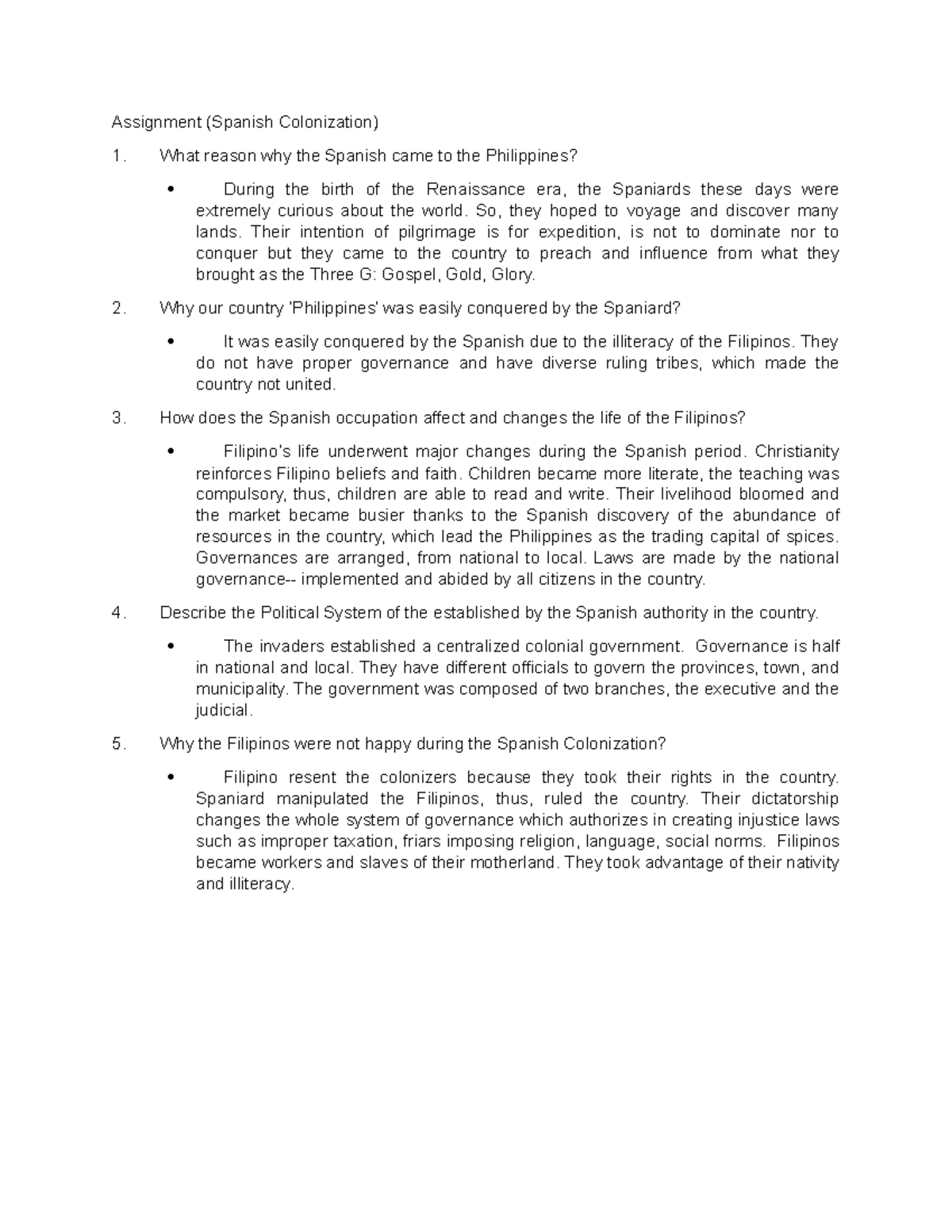 Assignment - History - Assignment (Spanish Colonization) What reason ...