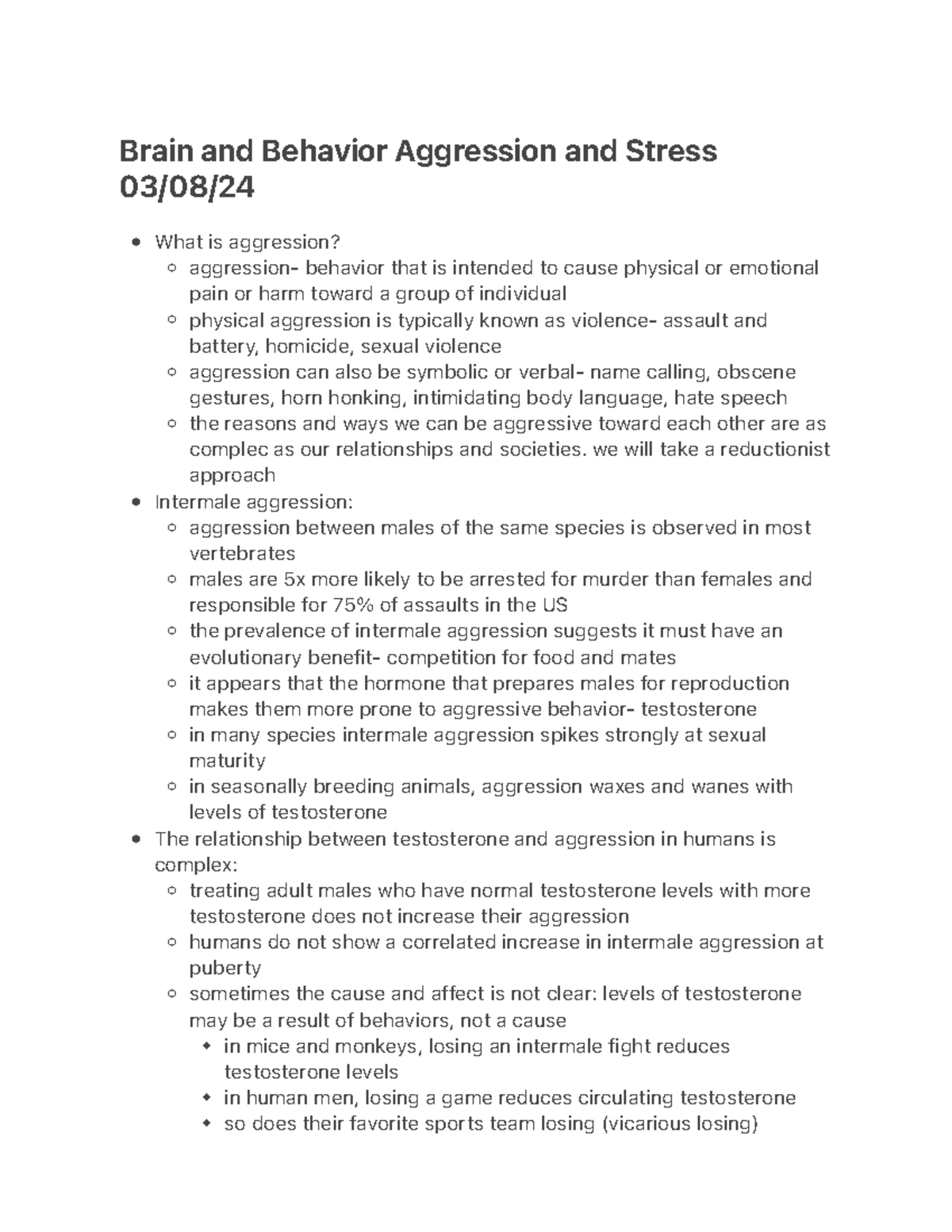 Aggression and Stress - Brain and Behavior Aggression and - Studocu