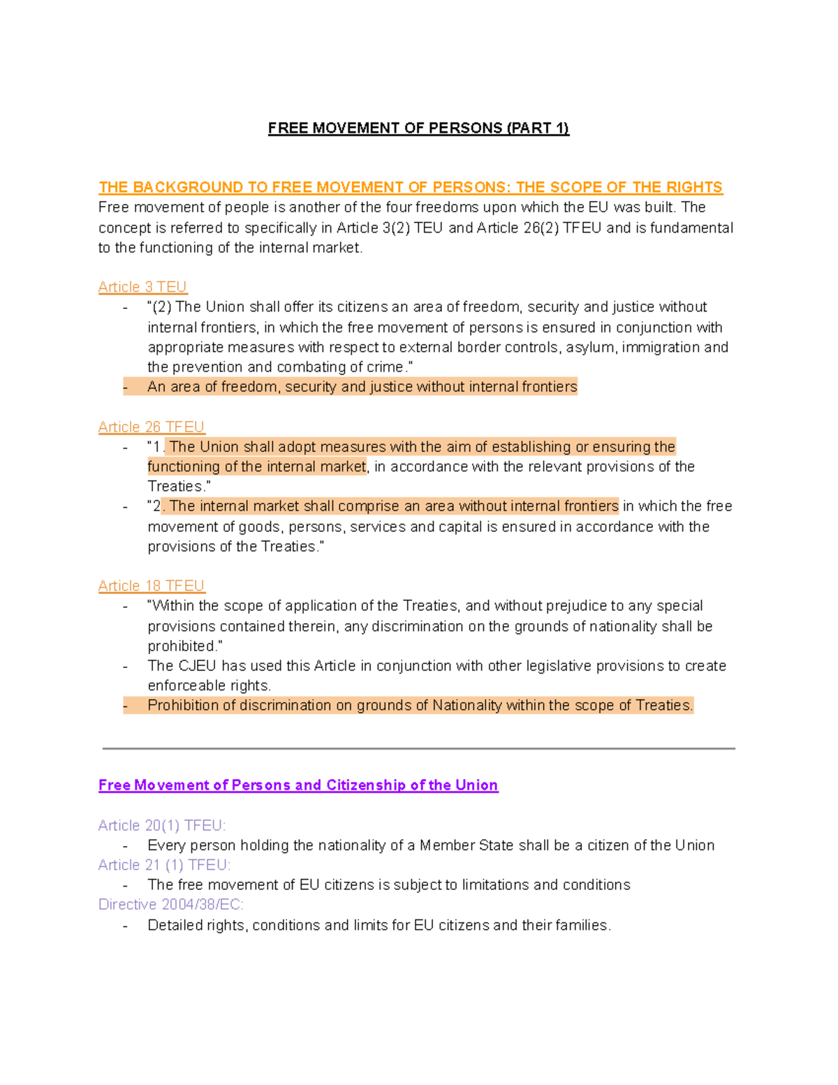 In EU Law - Lecture 5 - Freedom to persons - FREE MOVEMENT OF PERSONS ...