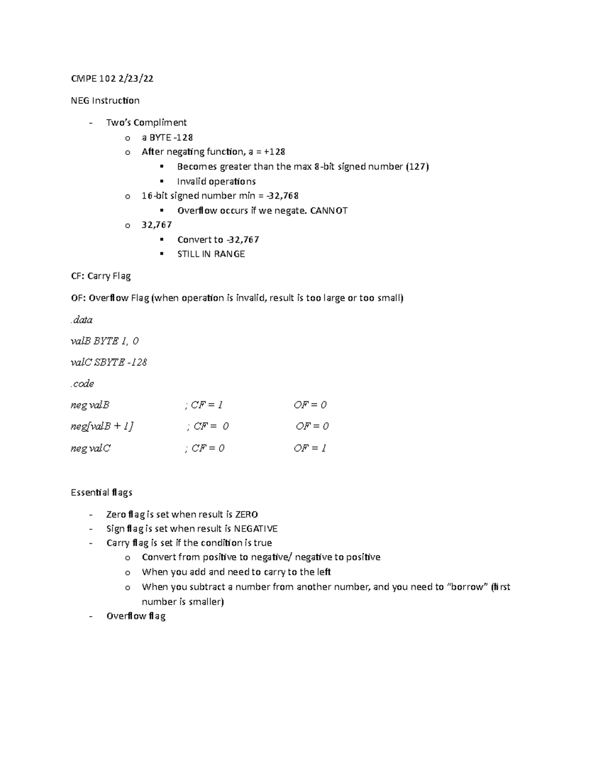 Cmpe 102 23rd Lecture Notes 7 Cmpe 102 223 Neg Instruction Twos Compliment O A Byte O 