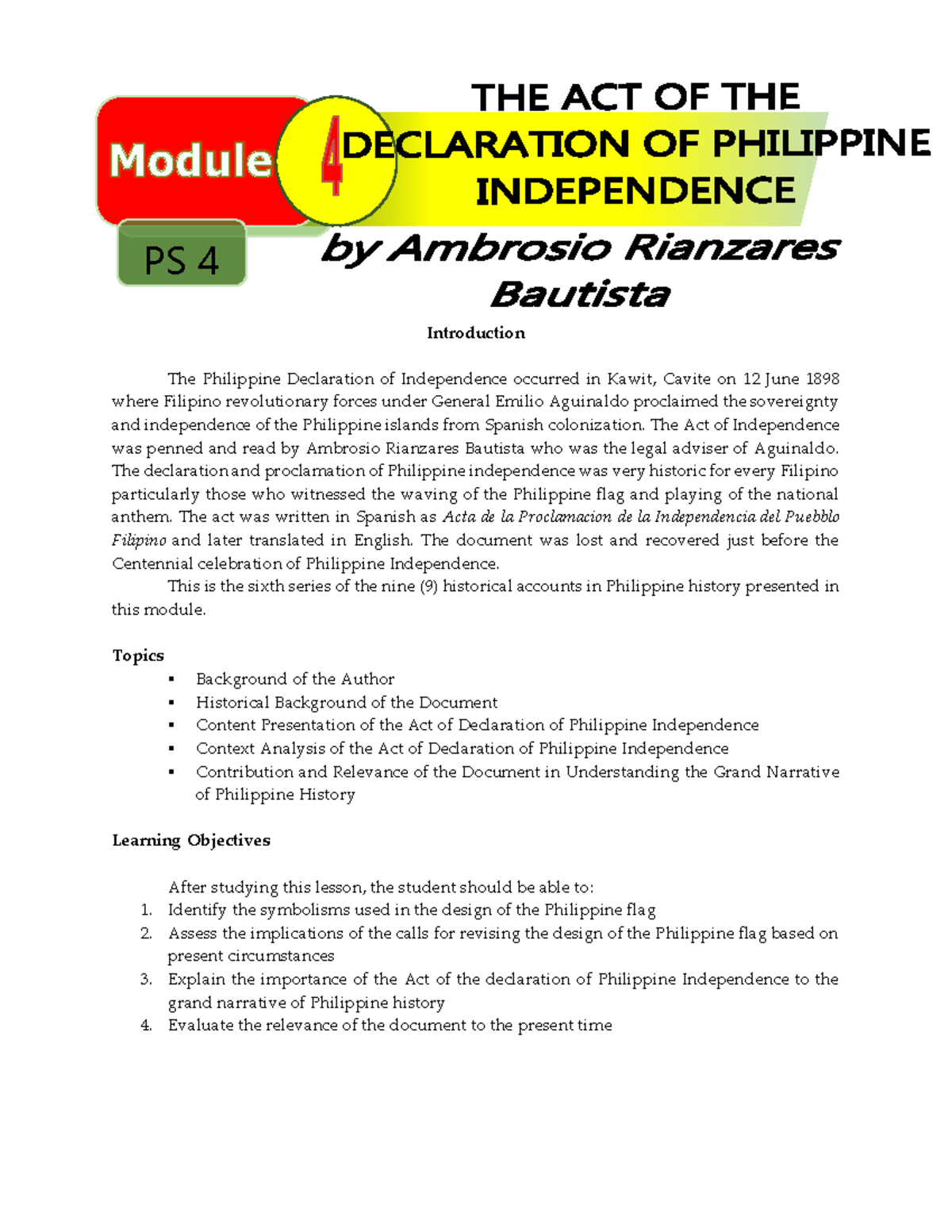 PS 4 THE ACT OF Declaration OF Philippine Independence - Introduction The Philippine Declaration ...