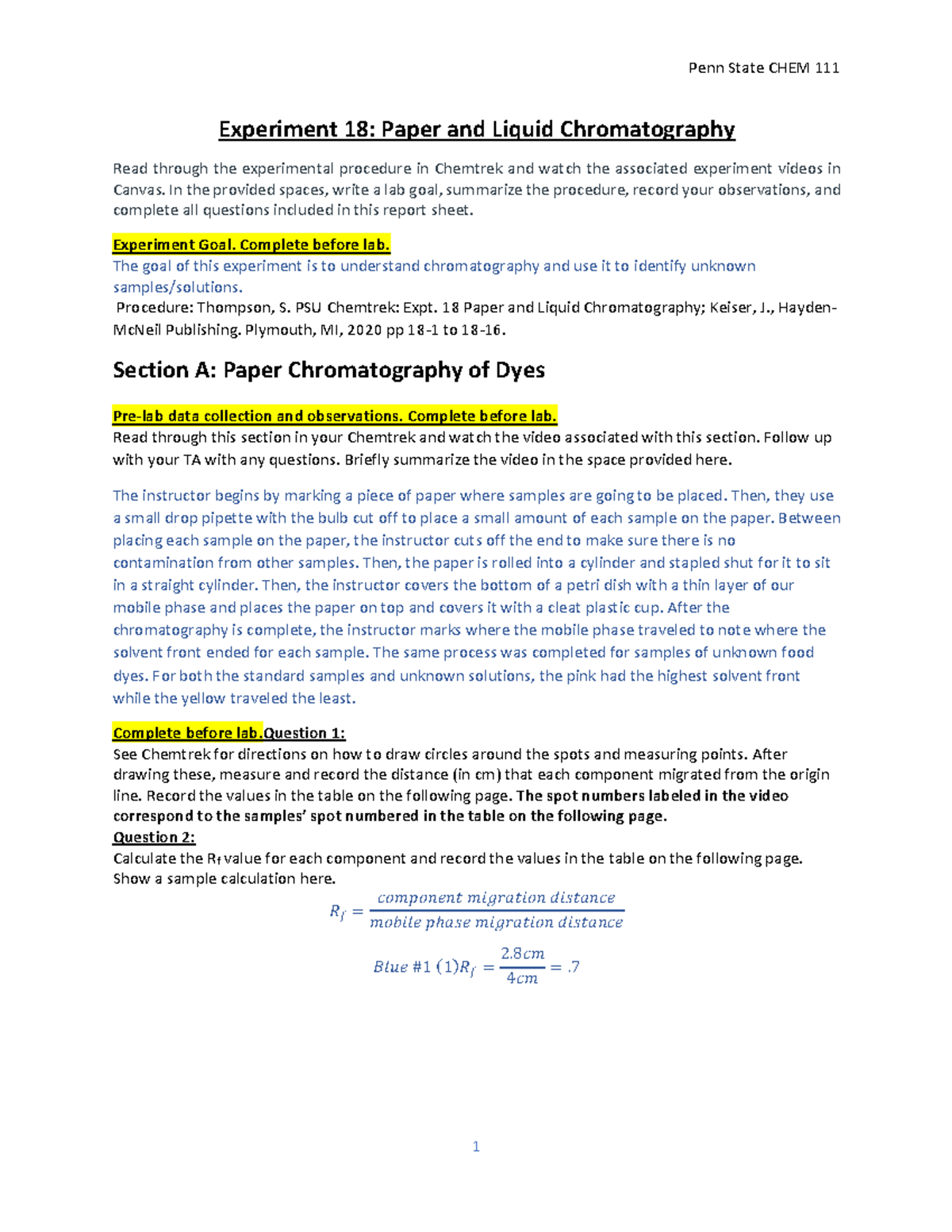 Experiment 18 CHEM 111 - Experiment 18: Paper and Liquid Chromatography ...
