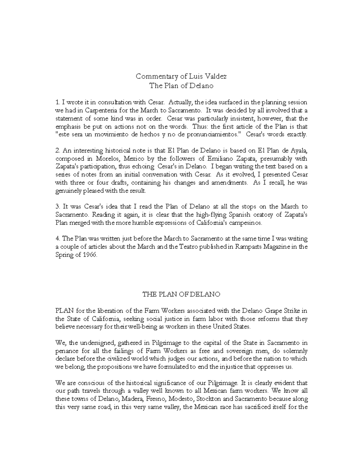 Plan of Delano - Commentary of Luis Valdez The Plan of Delano I wrote ...