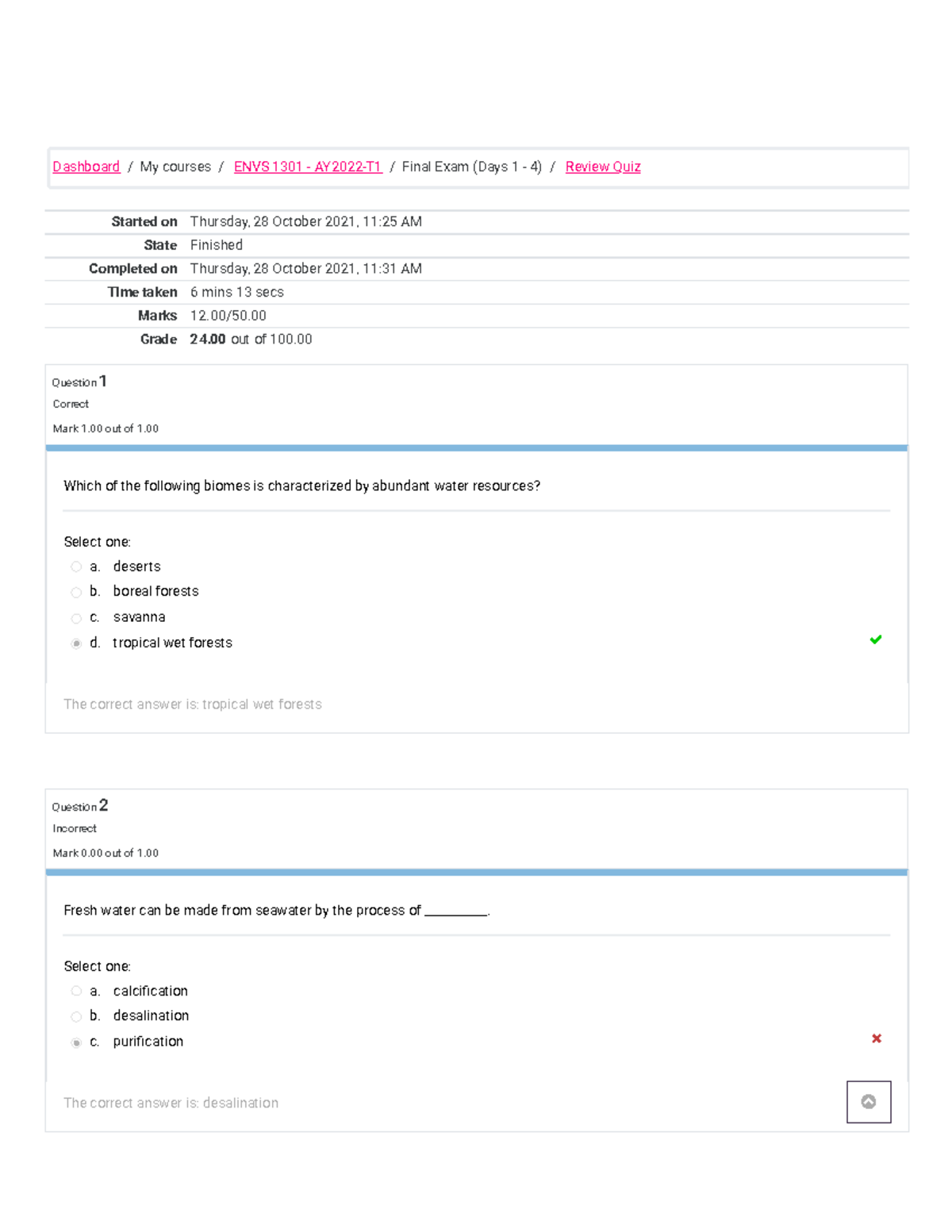 Review Quiz Attempt review - Started on Thursday, 28 October 2021, 11: ...