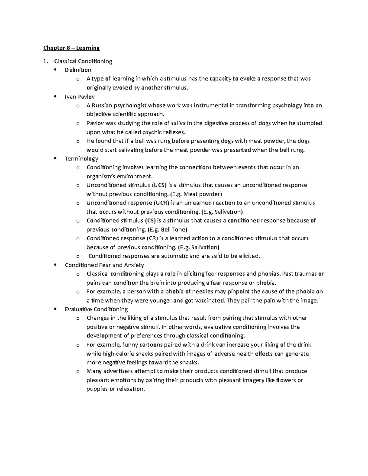 PSYC1010 - Chapter 6 - Learning - Chapter 6 – Learning Classical Conditioning Definition o A ...