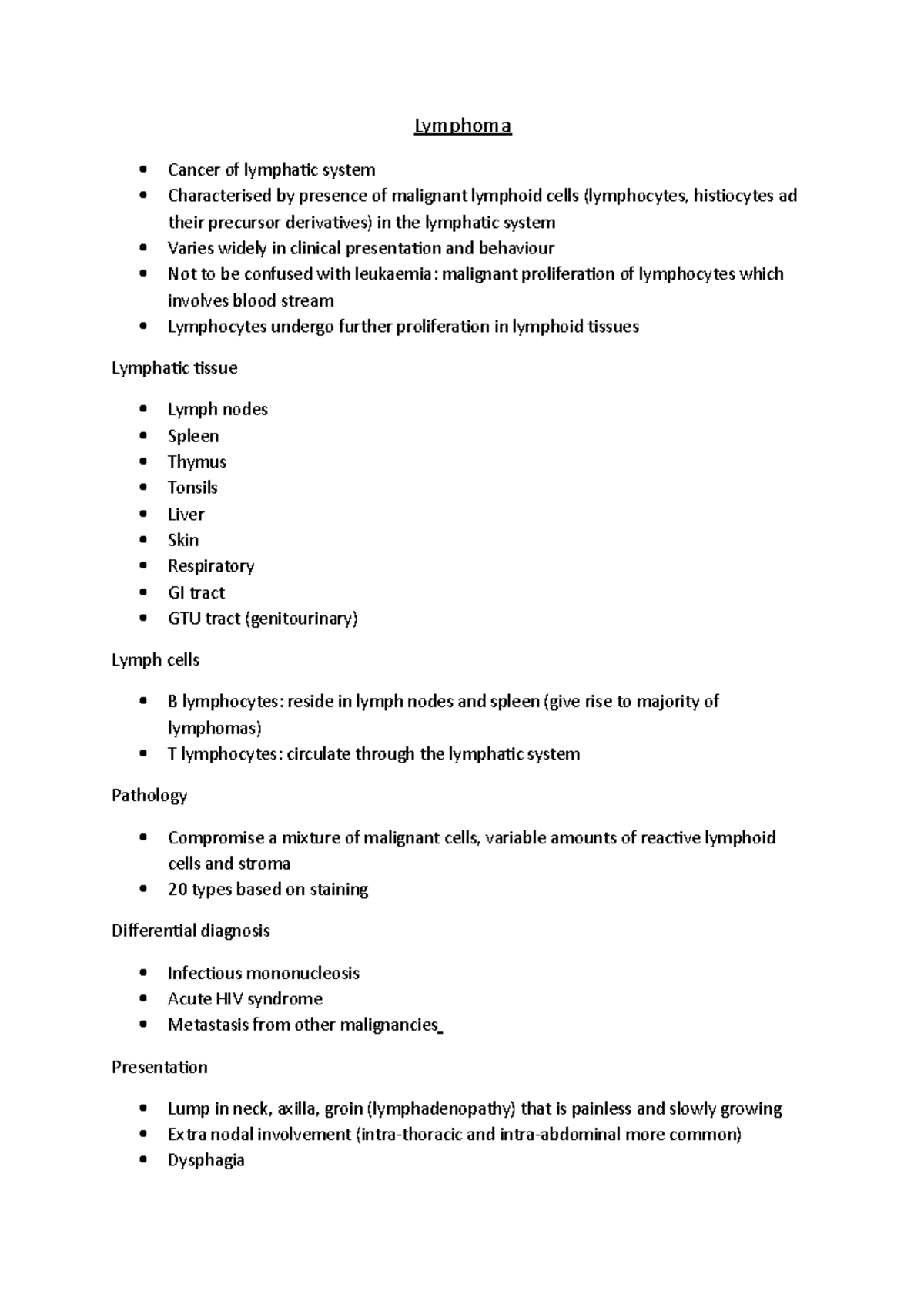 Lymphoma - Lecture notes 11 - Lymphoma Cancer of lymphatic system ...
