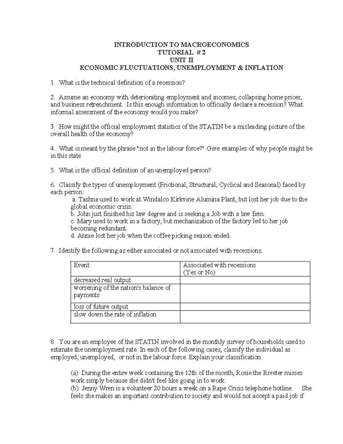 Tutorial Sheet 2 Macro Introduction To Macroeconomics Tutorial 2