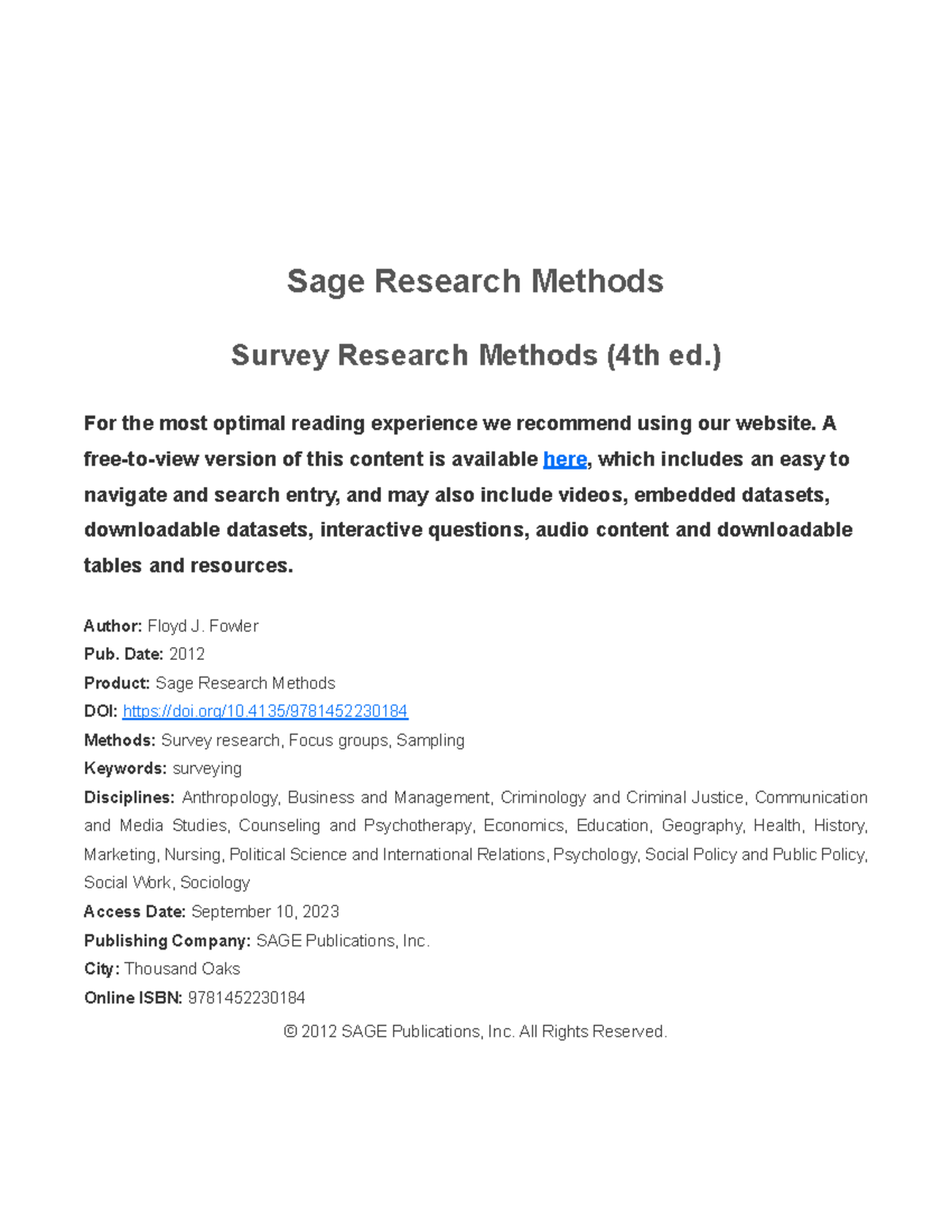 Fowler Chapter 1 - Sage Research Methods Survey Research Methods (4th ...
