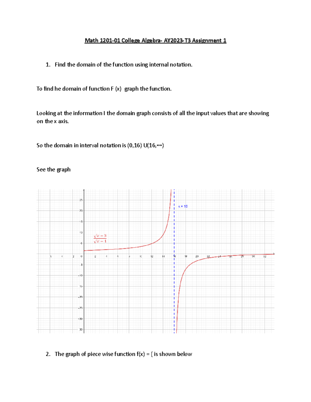 Math 1201 assignment 1 - Math 1201-01 College Algebra- AY2023-T3 ...