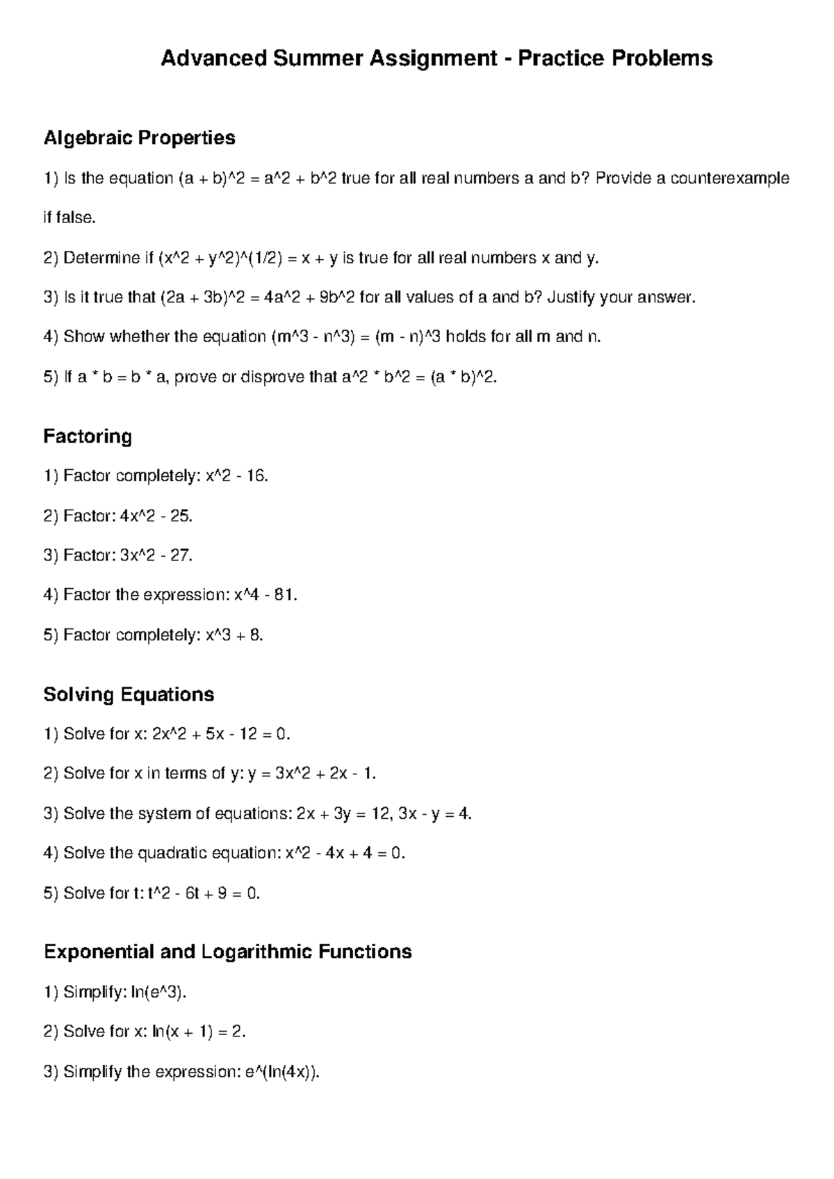 Advanced Calculus Practice Problems Simple - Advanced Summer Assignment ...