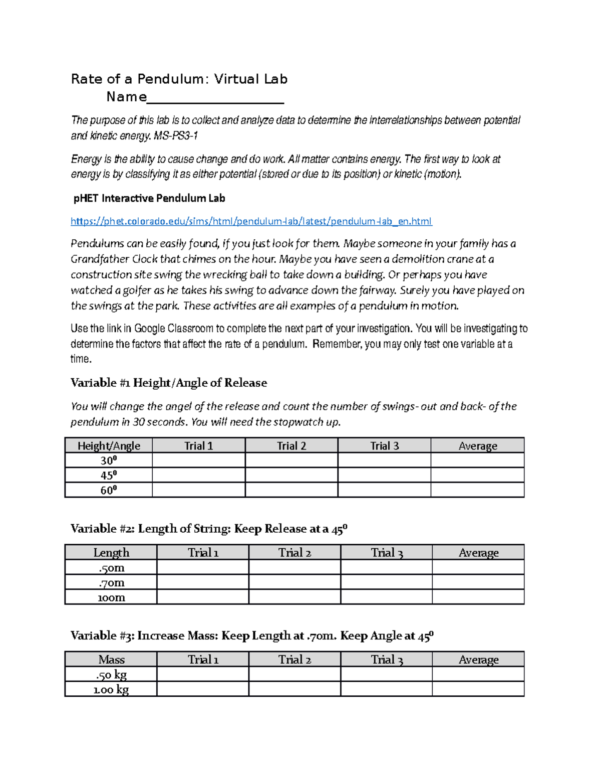 answer for labs - Rate of a Pendulum: Virtual Lab Name____________________ The purpose of this ...
