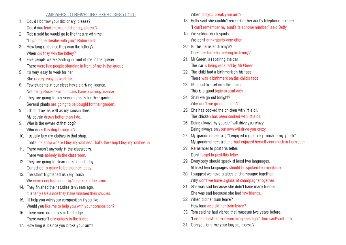 Answers to rewriting exercises 1 - ANSWERS TO REWRITING EXERCISES (1 ...