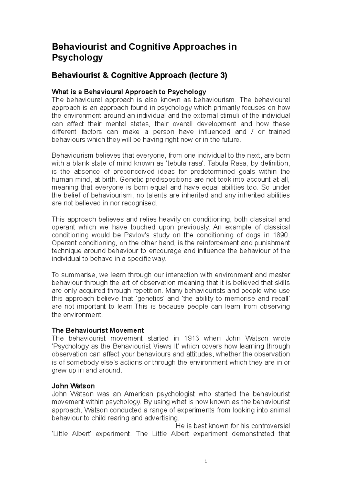 Behaviourist and Cognitive Approaches in Psychology - Behaviourist and Cognitive Approaches in ...
