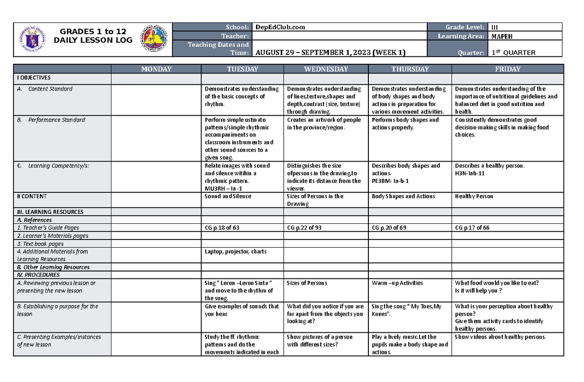 DLL Mapeh 3 Q1 W1 - Sample DLP for BEED Students - GRADES 1 to 12 DAILY LESSON LOG School ...