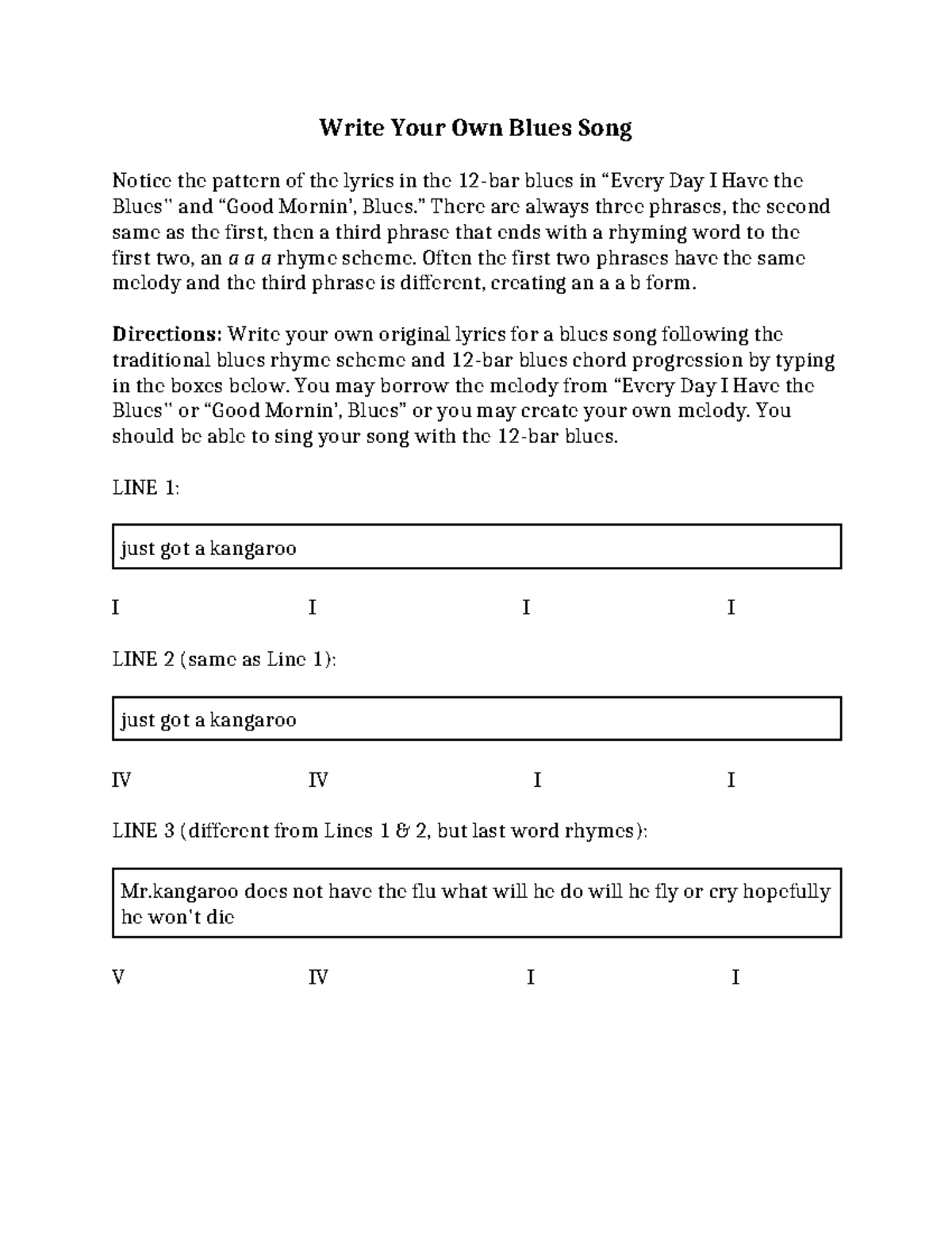 Blues Worksheet - hard wp5lmn - Write Your Own Blues Song Notice the ...