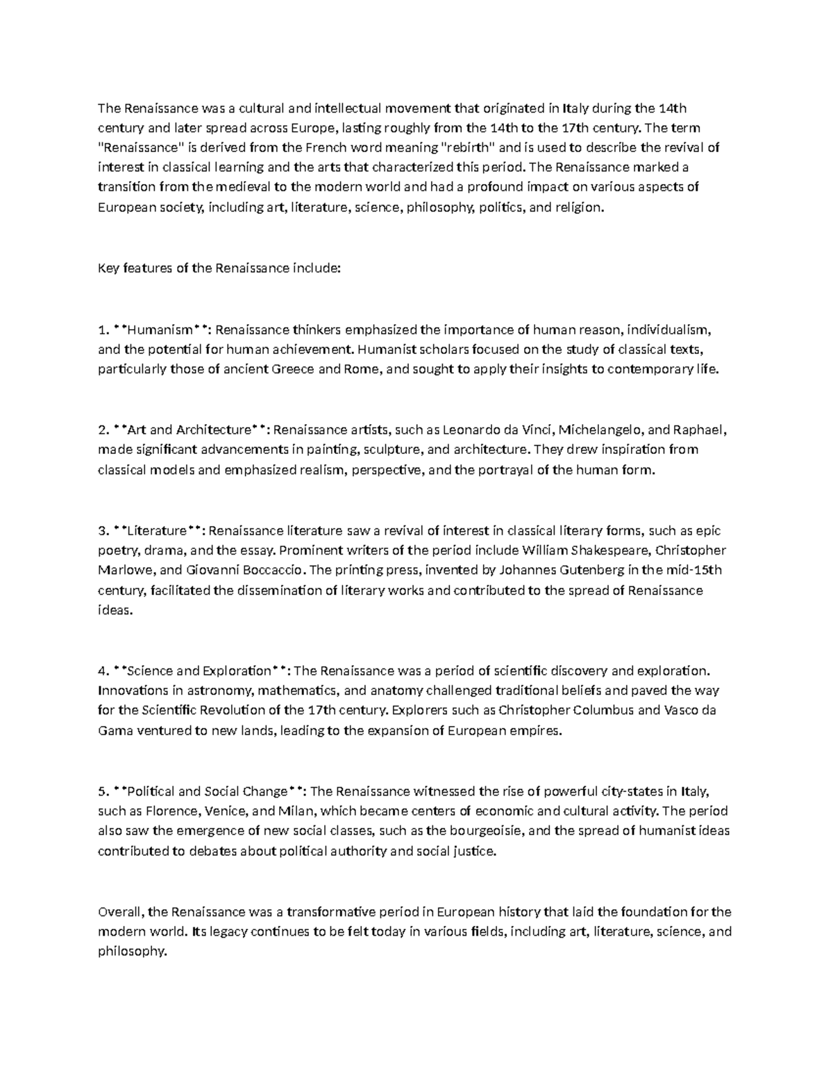 Renaissance - notes - The Renaissance was a cultural and intellectual ...