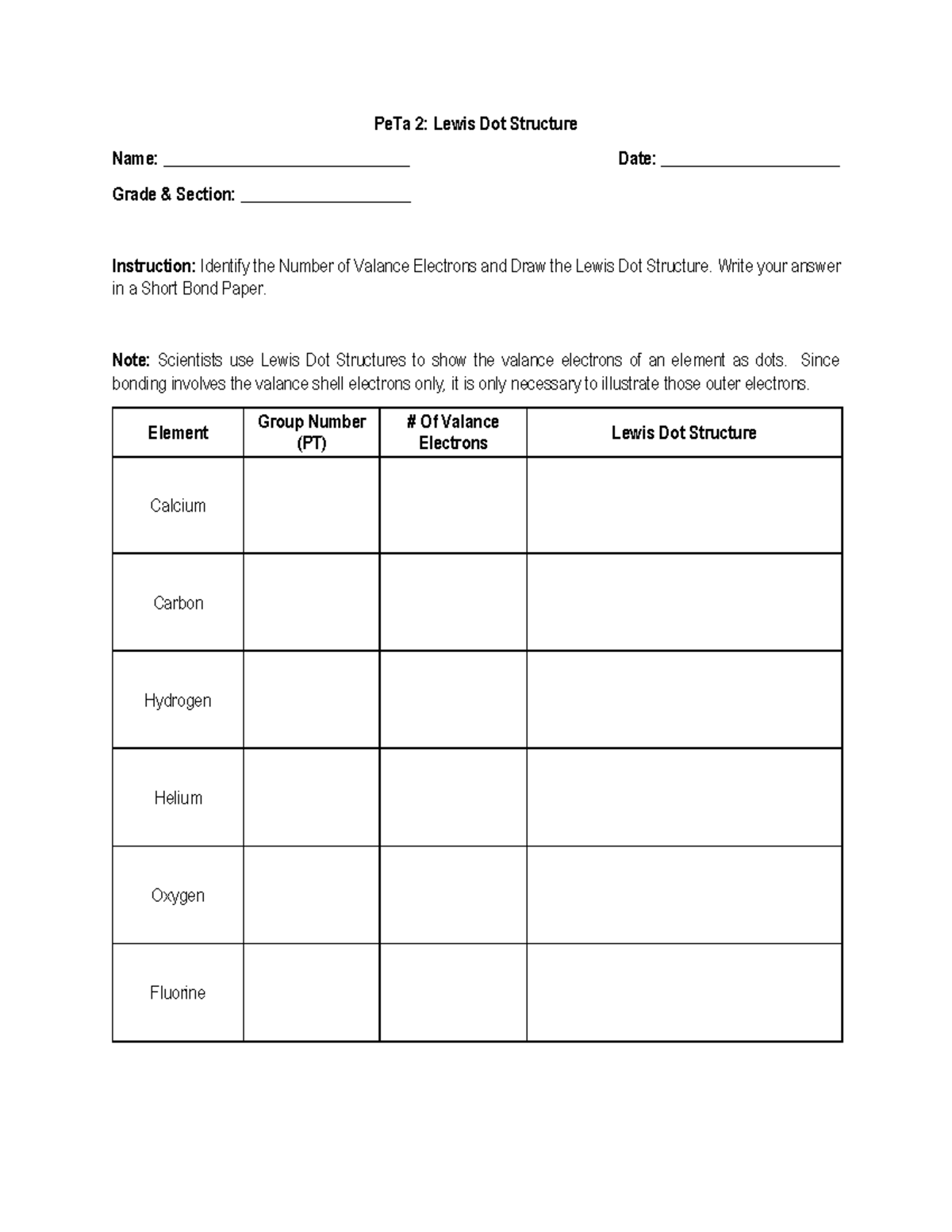 Pe Ta 2 Physical Science - PeTa 2: Lewis Dot Structure Name
