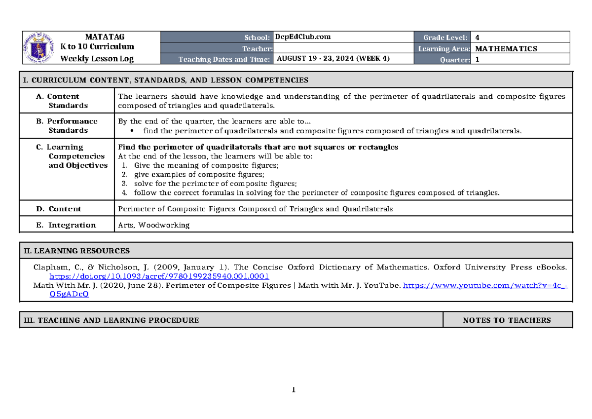 DLL Matatag MATH 4 Q1 W4 - tutor - MATATAG K to 10 Curriculum Weekly Lesson Log School ...