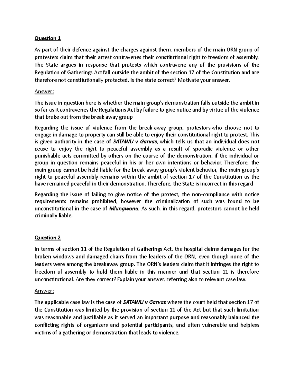 Tutorial 4 Answer Guidelines - Question 1 As part of their defence ...