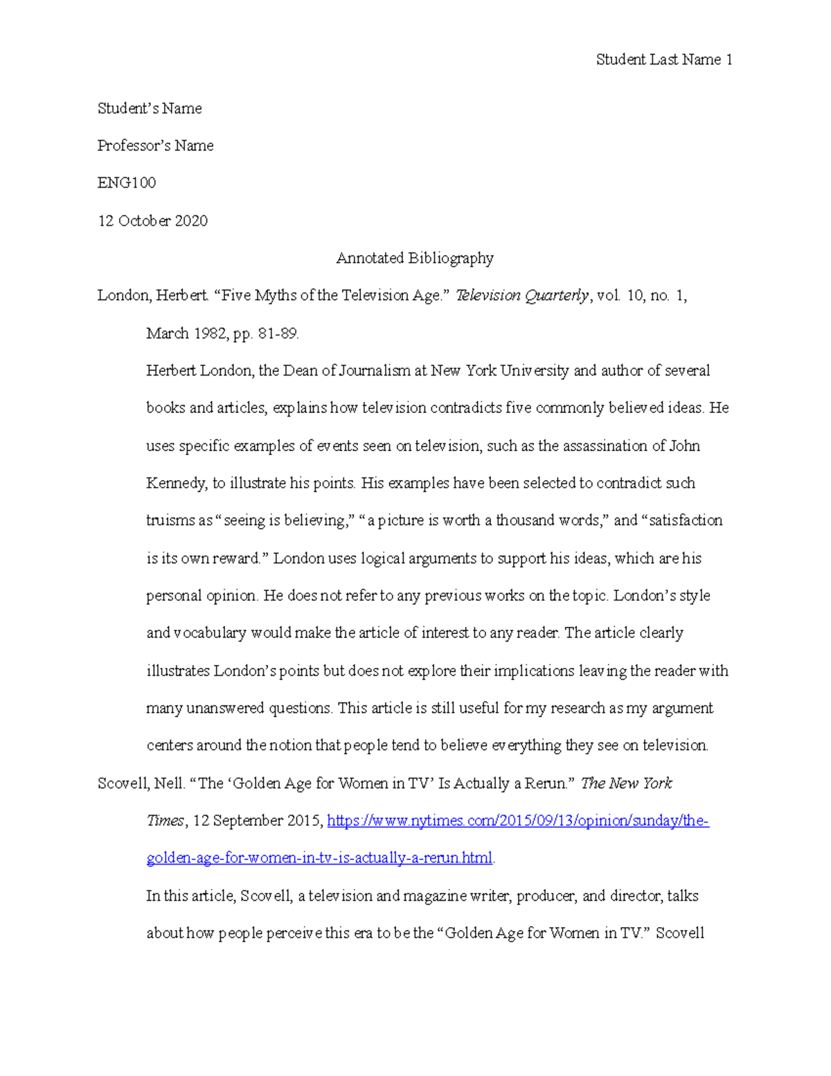 MLA Annotated Bibliography Template - Student Last Name 1 Student’s ...