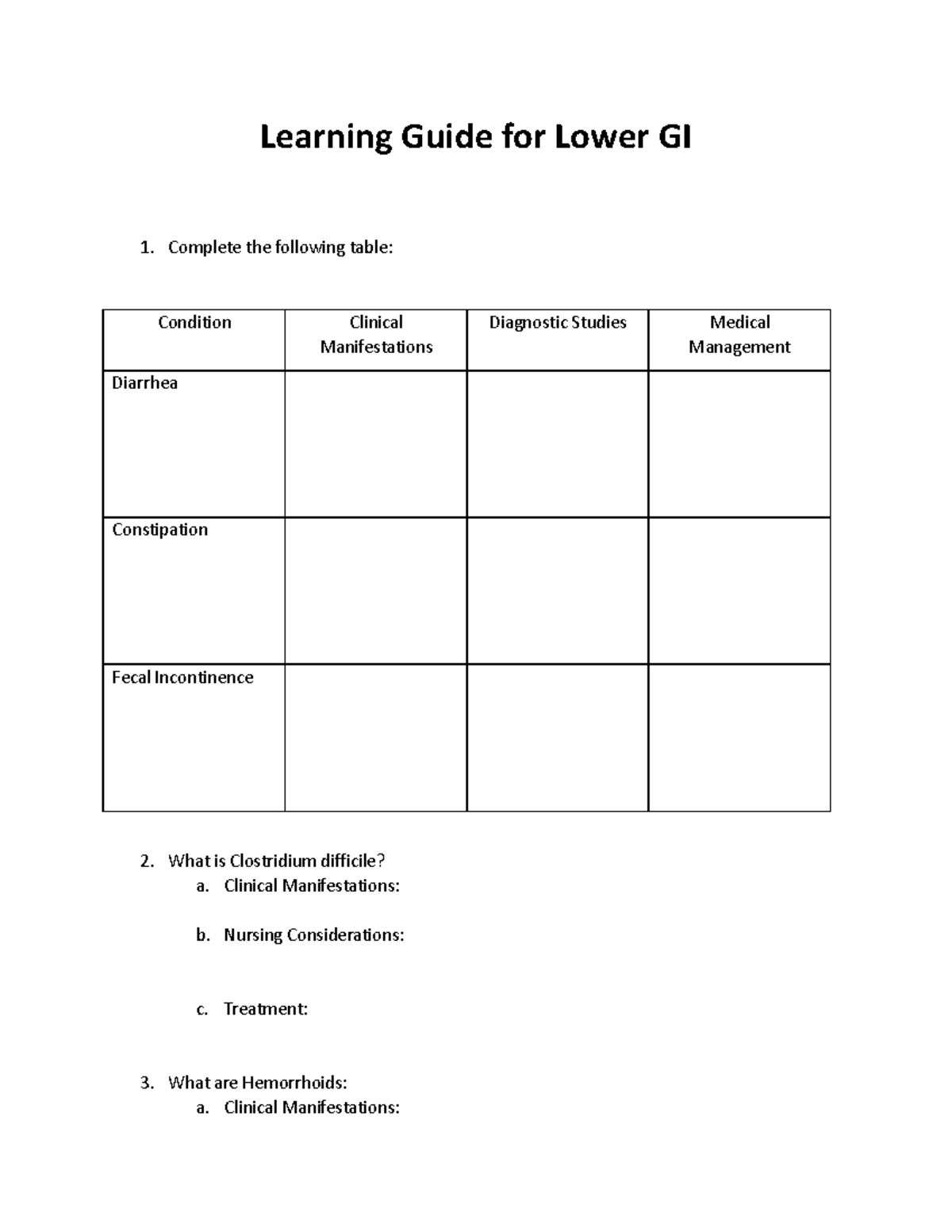 Lower GI Student Learning Guide - Learning Guide for Lower GI 1 ...
