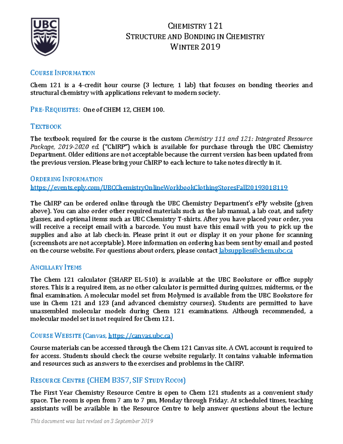 2019 W1 CHEM121 Syllabus - CHEMISTRY 121 STRUCTURE AND BONDING IN ...