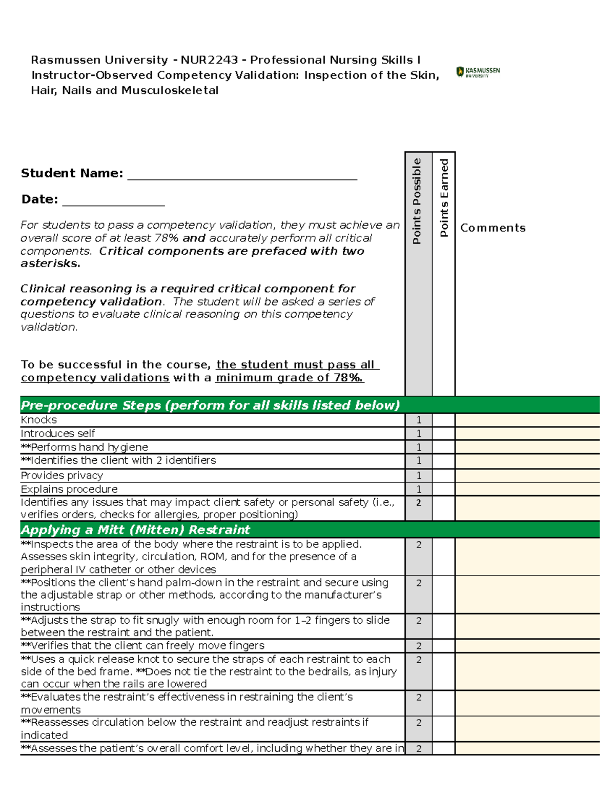 NUR2243 Module 03 Restraints and Mobility Competency Validation - Rasmussen University - NUR2243 ...