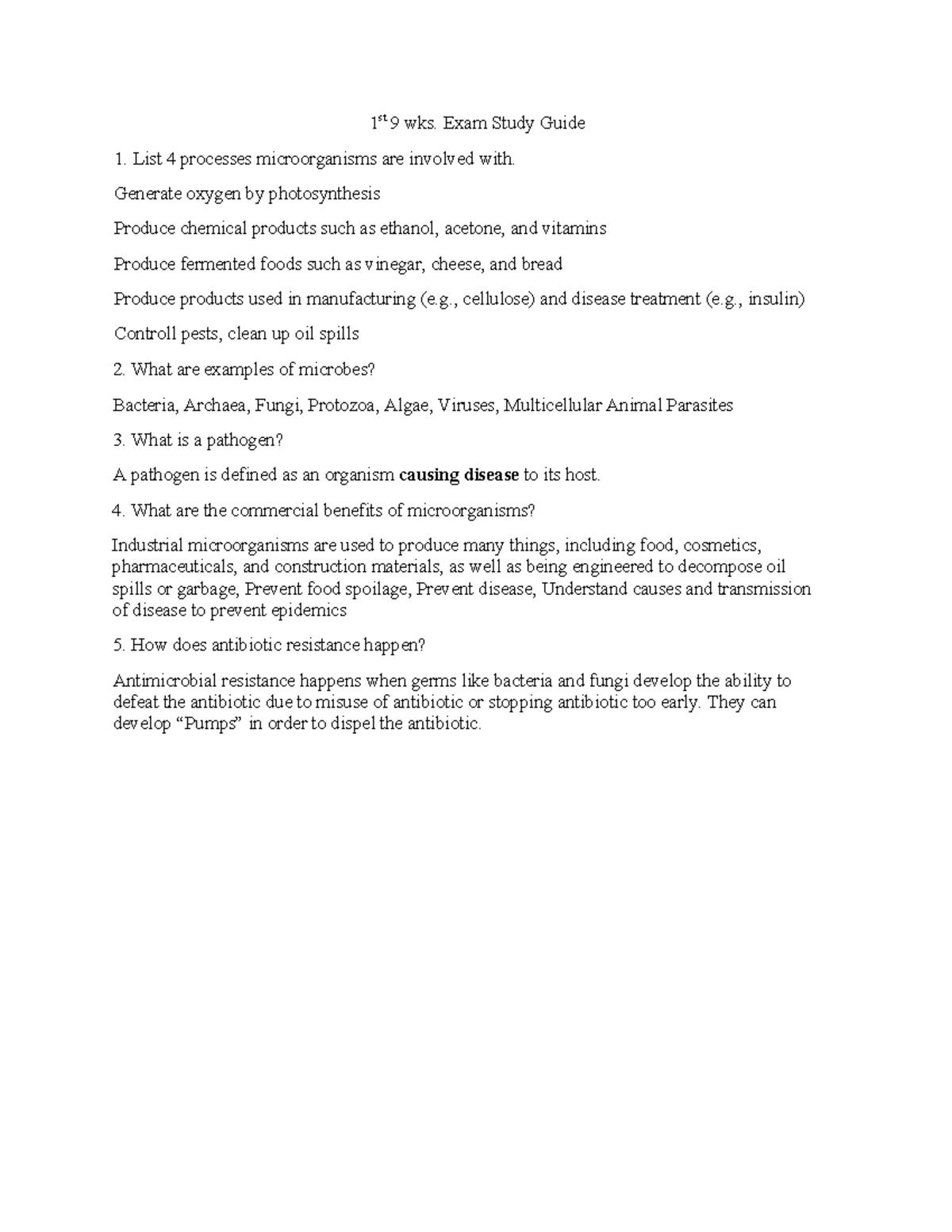 Copy of MM Study Guide 1st 9 wks - 1 st 9 wks. Exam Study Guide List 4 processes microorganisms ...