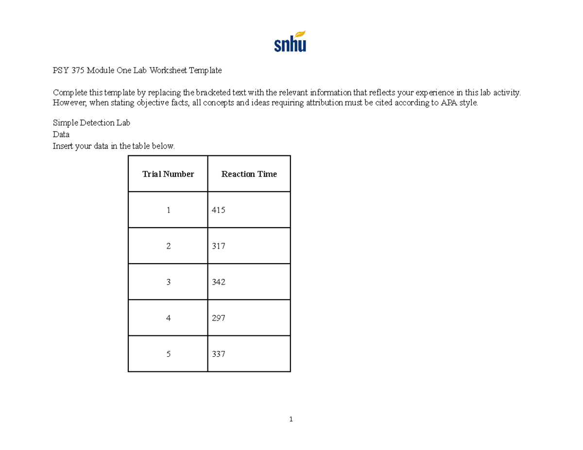 PSY 375 Module One Lab Worksheet Template - PSY 375 Module One Lab ...