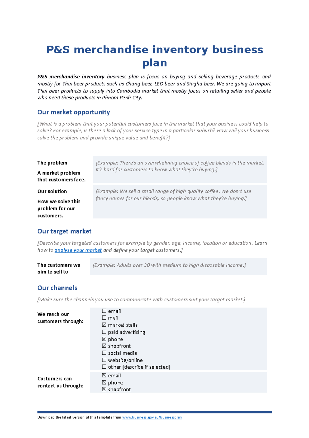 Lean business plan template - P&S merchandise inventory business plan P ...