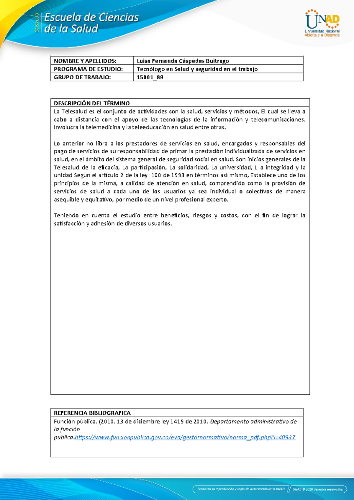 Tarea 1 Escenario 1 contexto de la telesalud - NOMBRE Y APELLIDOS: Luisa Fernanda Céspedes ...