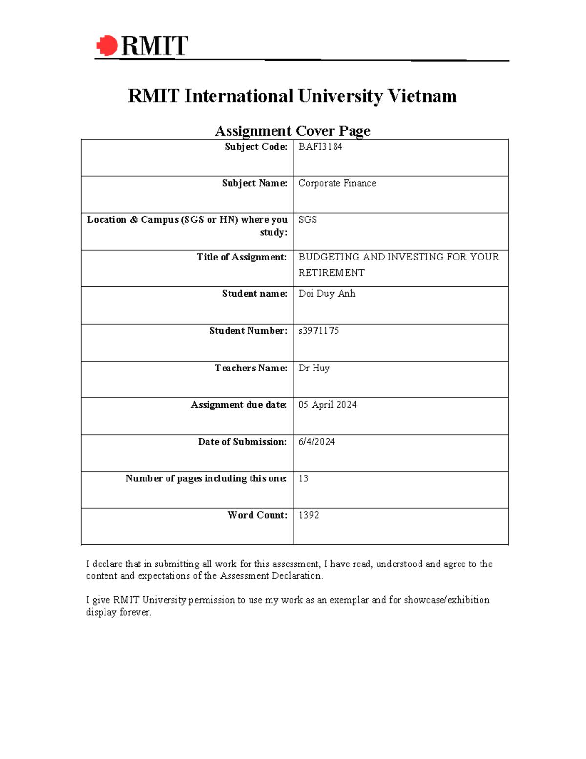BAFI3184 Asm 1 - CorpFin ASM1 - RMIT International University Vietnam ...
