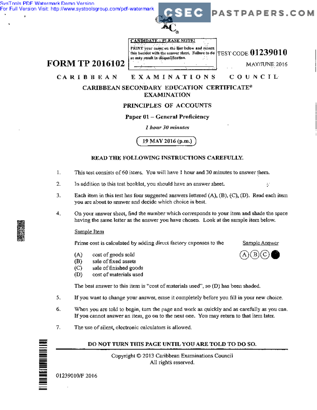 JUN 2016 - ! %b. TEST CODE 01239010 FORM TP 2016102 MAY/JLTNE 20I ...