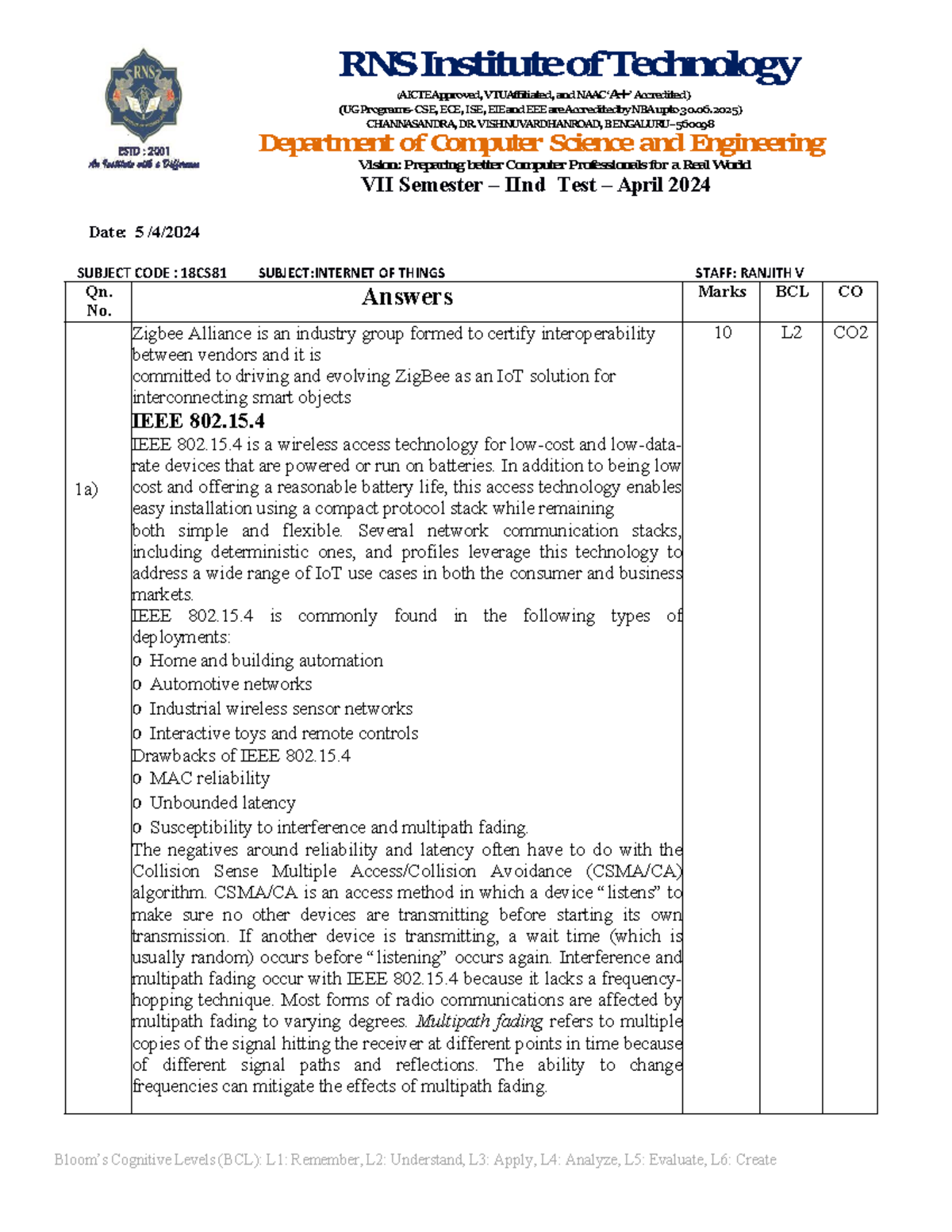 IOT IA2 scheme&solution - RNSInstituteof Technology (AICTE Approved,VTUAffiliated, and NAAC‘A+ ...