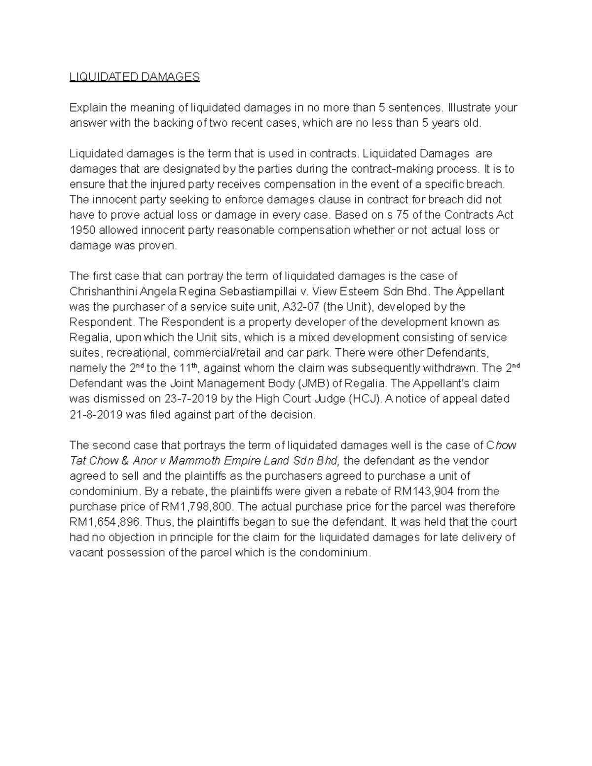 Liquidated Damages - LIQUIDATED DAMAGES Explain the meaning of ...