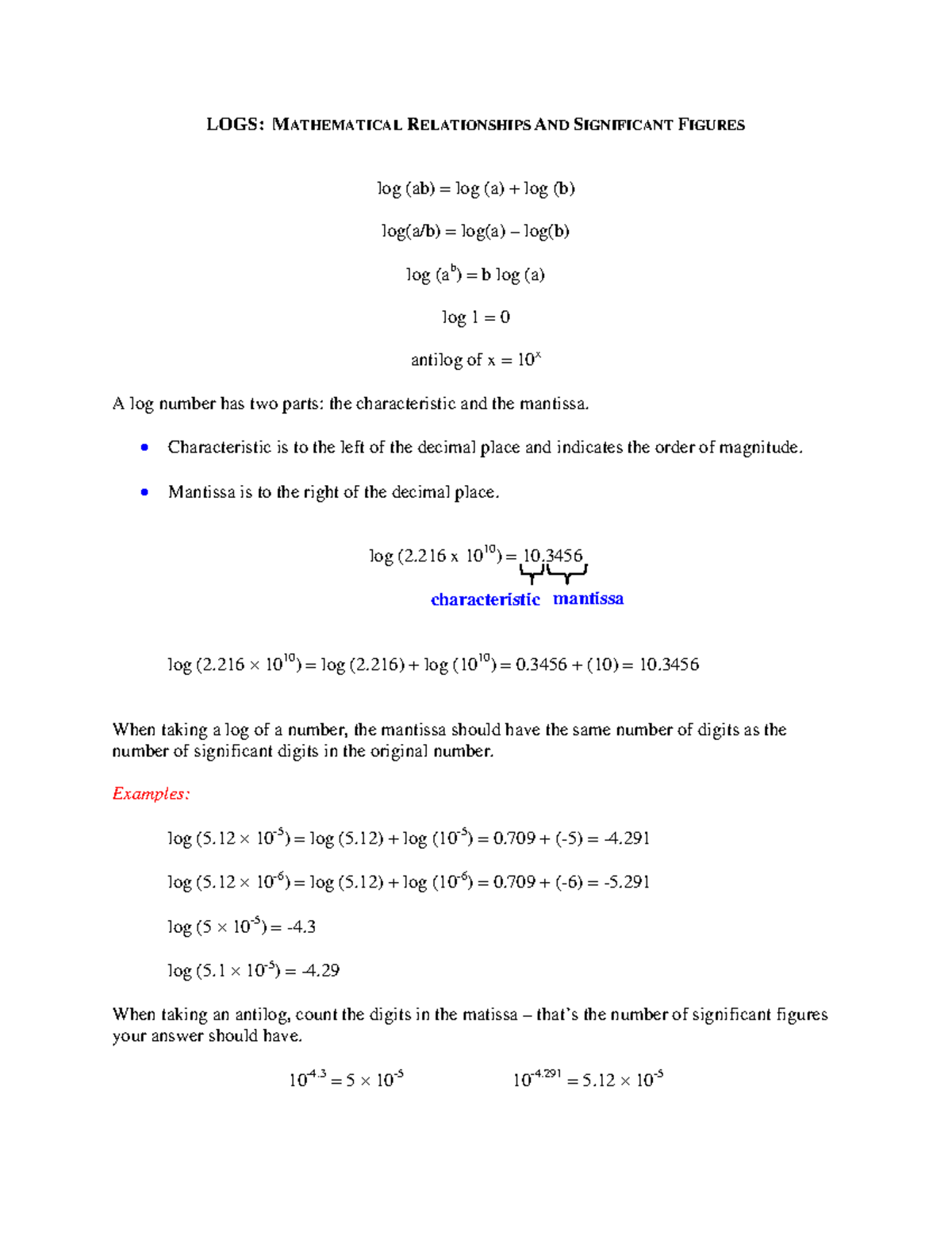 Sigfigsandlogs - Notes - LOGS: MATHEMATICAL RELATIONSHIPS AND ...