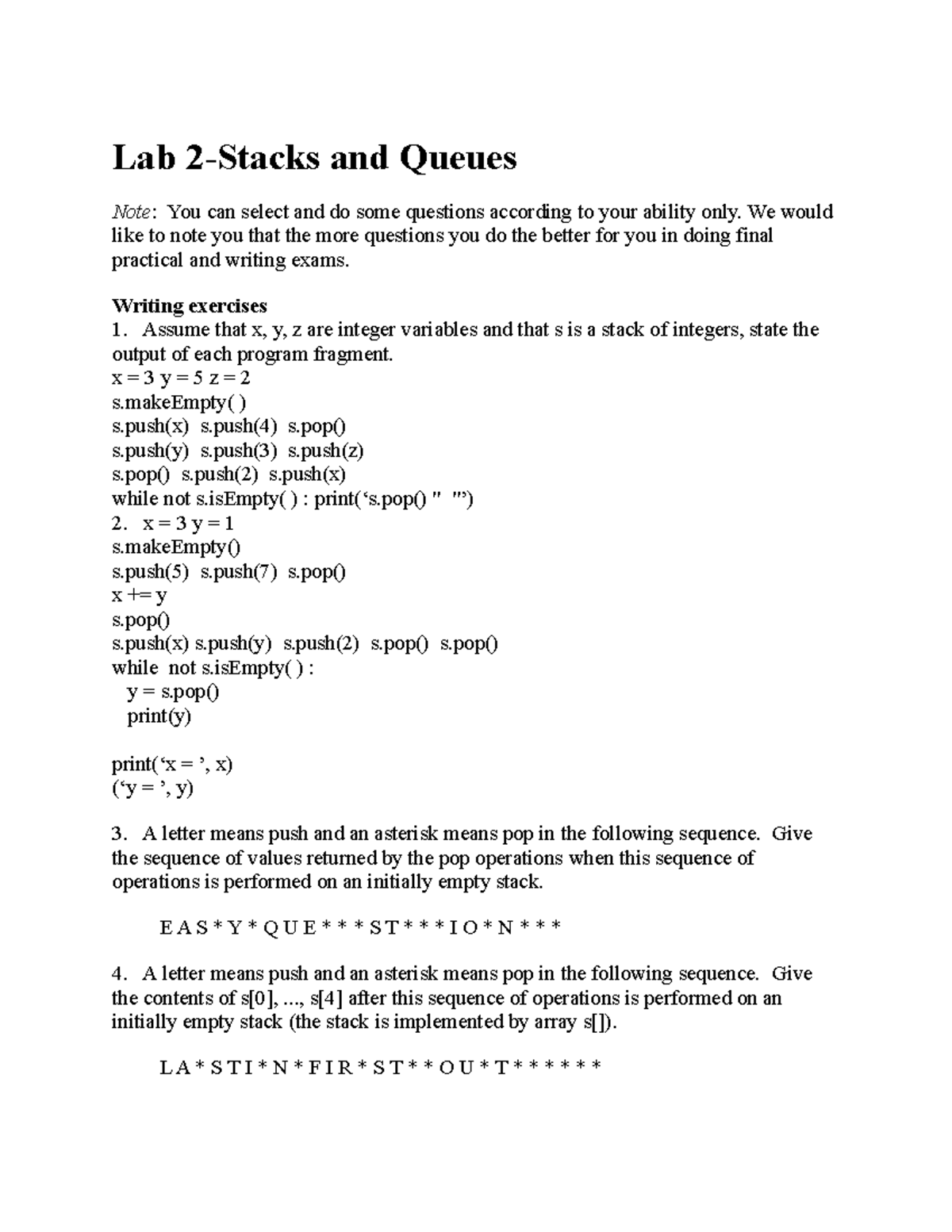 Lab 2 Done Lab 2 Stacks And Queues Note You Can Select And Do Some Questions According To
