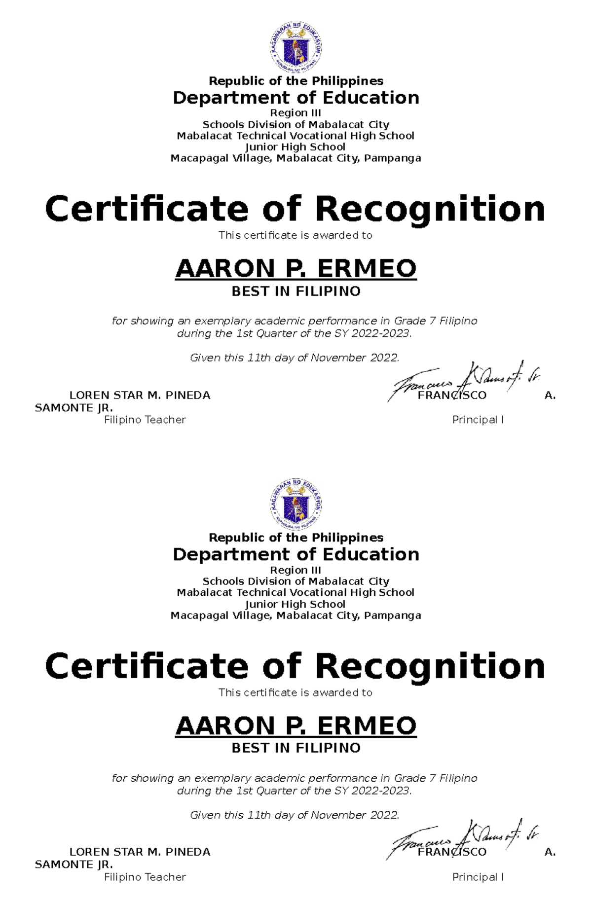 Certificates for Best Performance per Subject - Republic of the ...