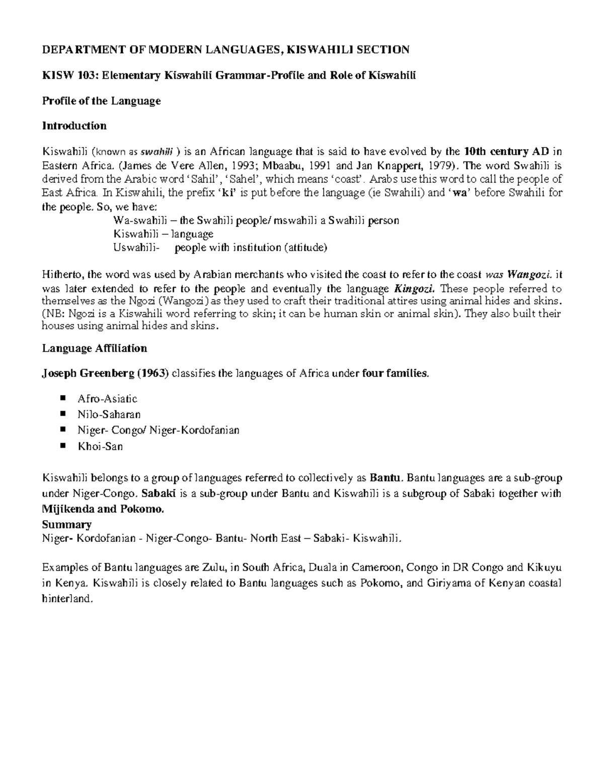 KISW 103 Profile AND ROLE OF Kiswahili - DEPARTMENT OF MODERN LANGUAGES ...