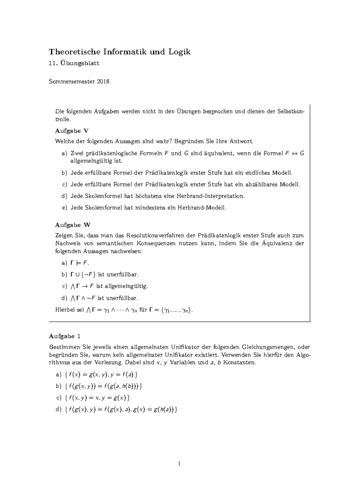 TheoLog Übung 11 - Theoretische Informatik und Logik Übungsblatt ...