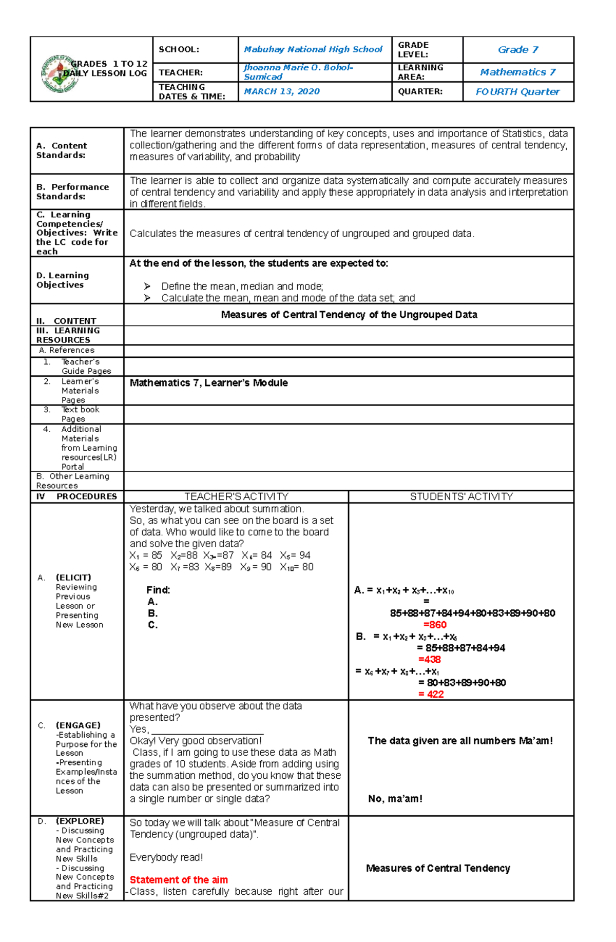 DLP- Measure OF Central Tendency - GRADES 1 TO 12 DAILY LESSON LOG ...