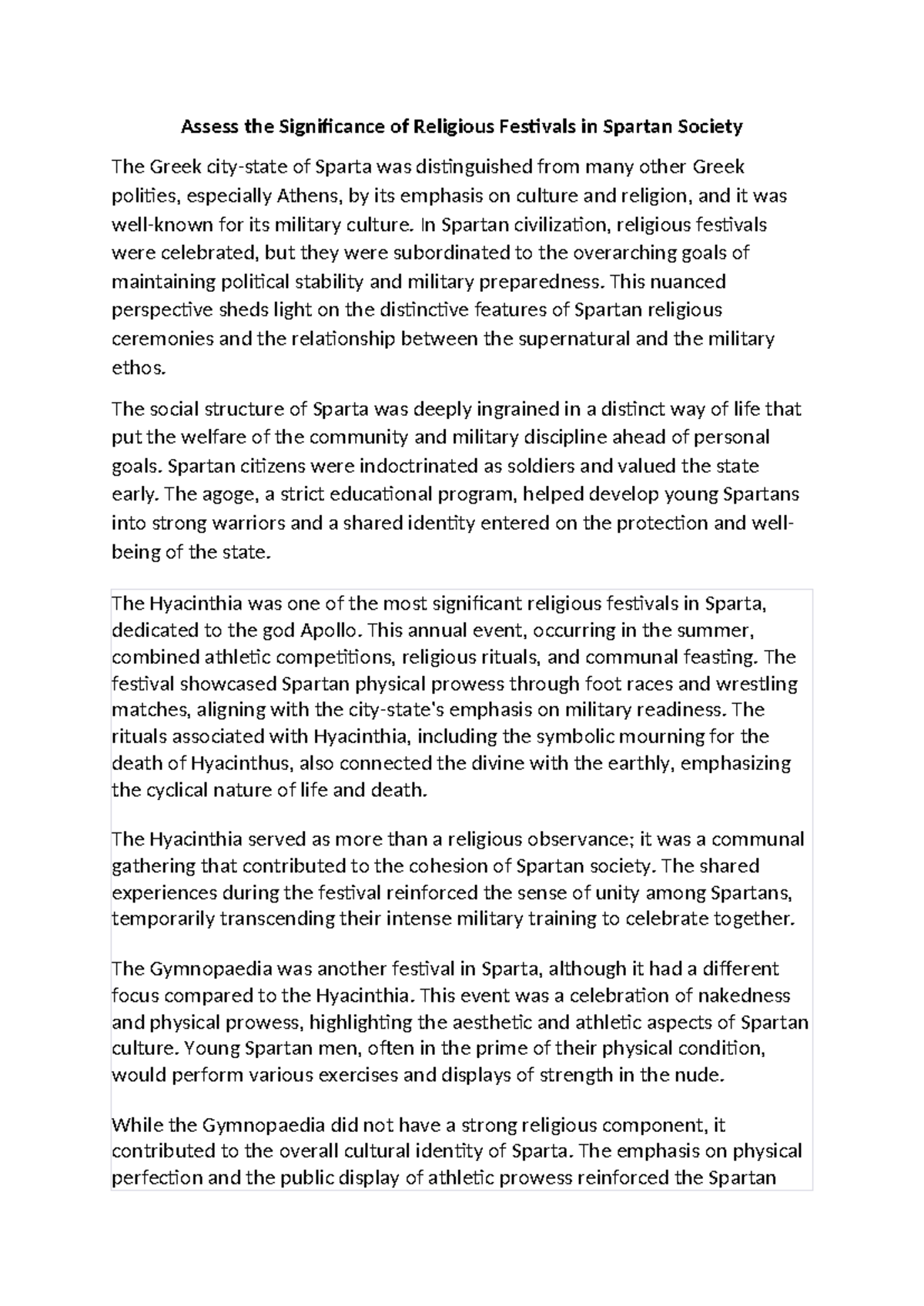 Assess the Significance of Religious Festivals in Spartan Society - In ...