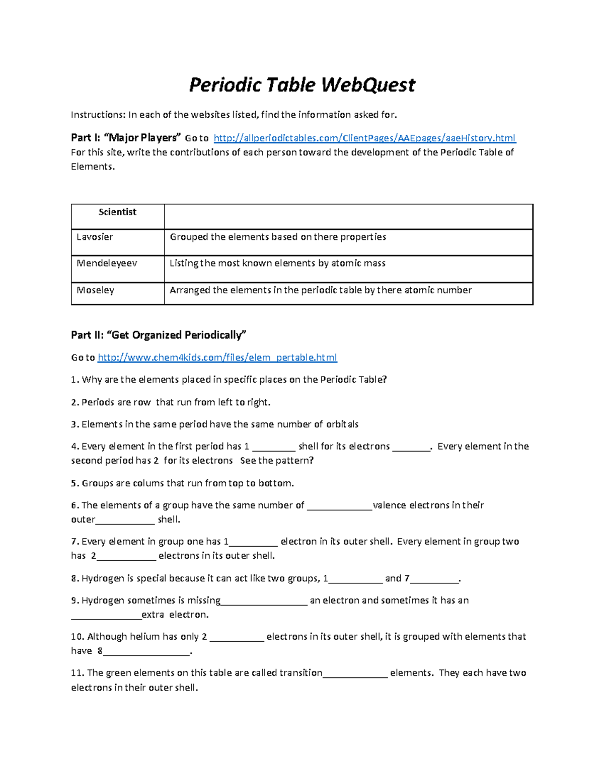 Periodic Table Web Quest 2 - Periodic Table WebQuest Instructions: In ...